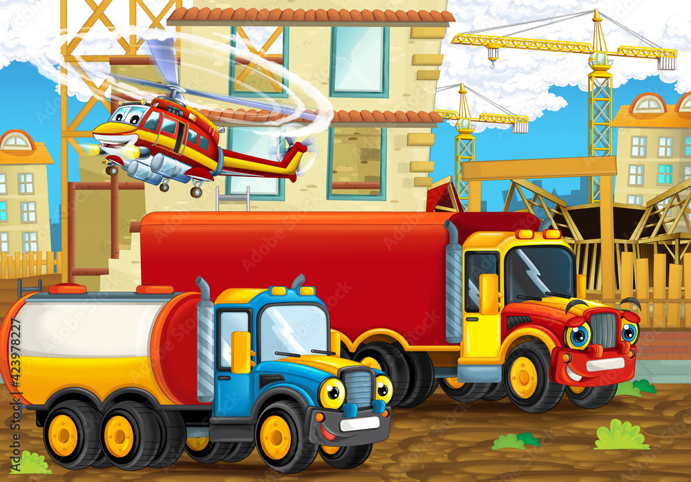 cartoon scene construction site cars vehicles helicopter Stock ...