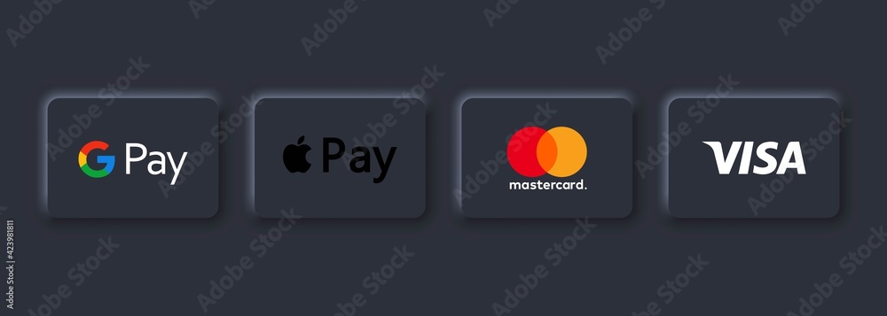 Payment system logos: Mastercard, Visa, Apple pay, Google pay ...