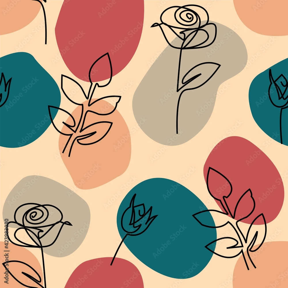 Seamless abstract floral pattern. Rose one line drawing on spotted ...