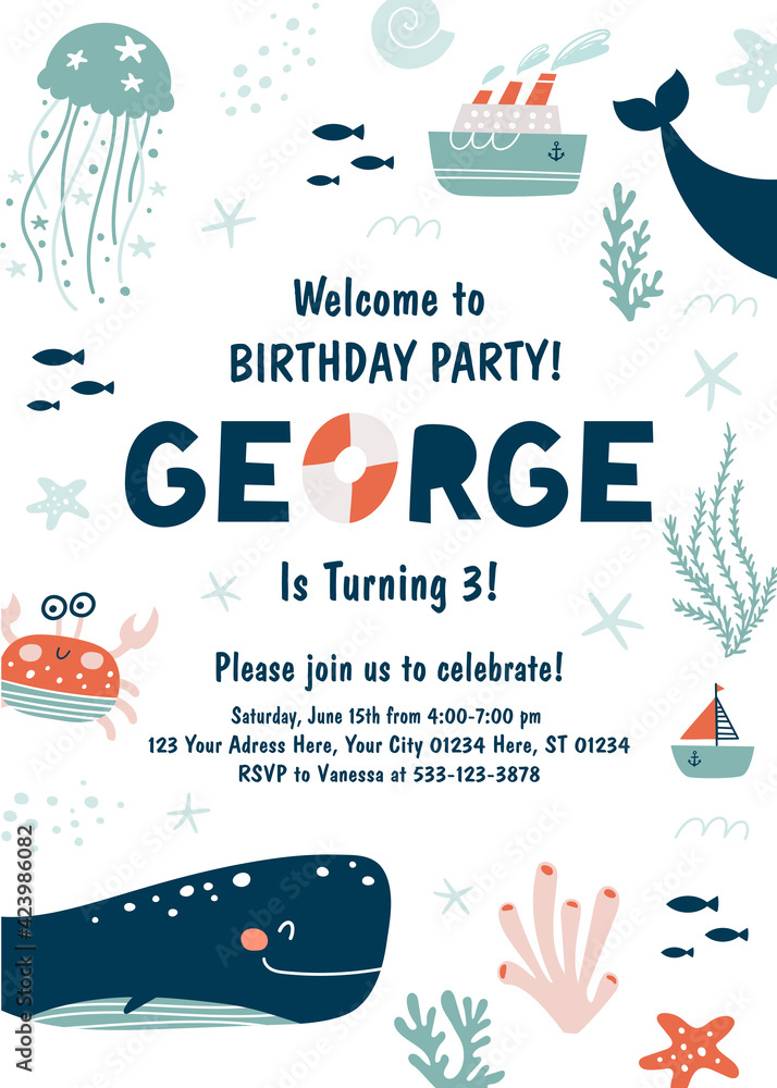 Ocean birthday party invitation. Under The Sea Invitation. Vector Stock ...