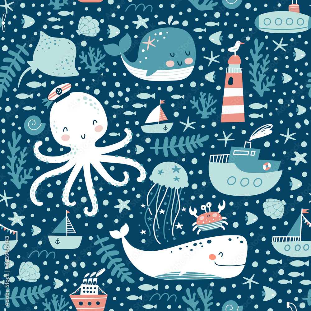 Marine animals seamless pattern. Childish print. Undersea world ...