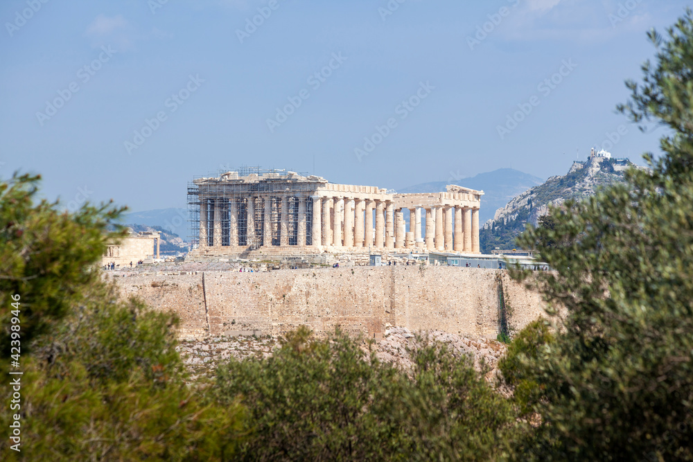 Parthenon view from Filopappou Hill. There can be seen the facade and ...