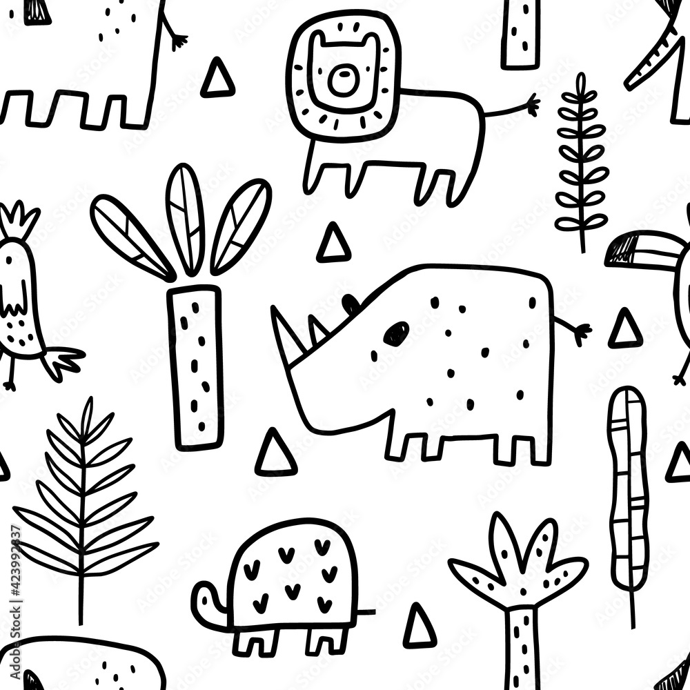 Vector seamless hand drawn doodle pattern with safari animals and ...