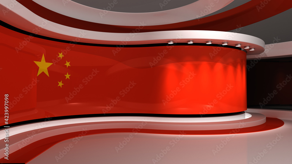 TV studio. Red background. China flag studio. China flag background ...