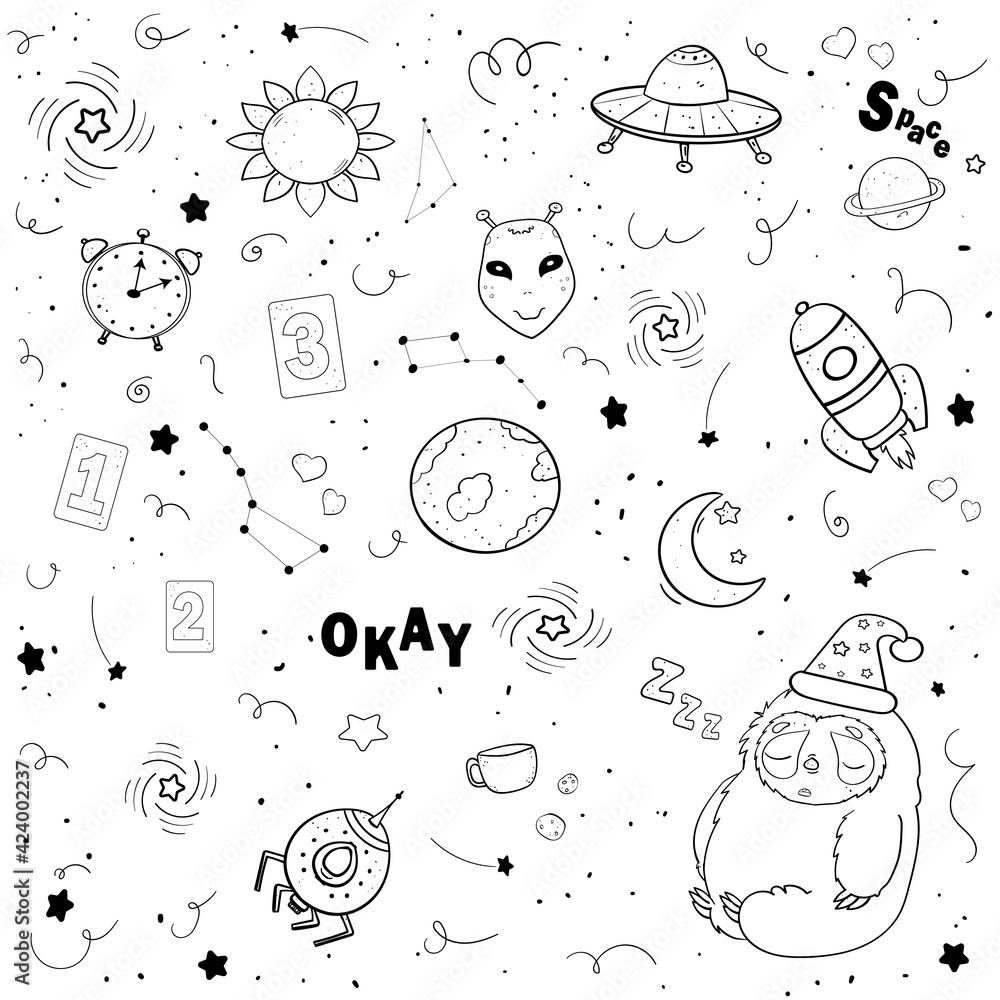 Space Doodle for coloring, Scientific Vector clip art illustration ...