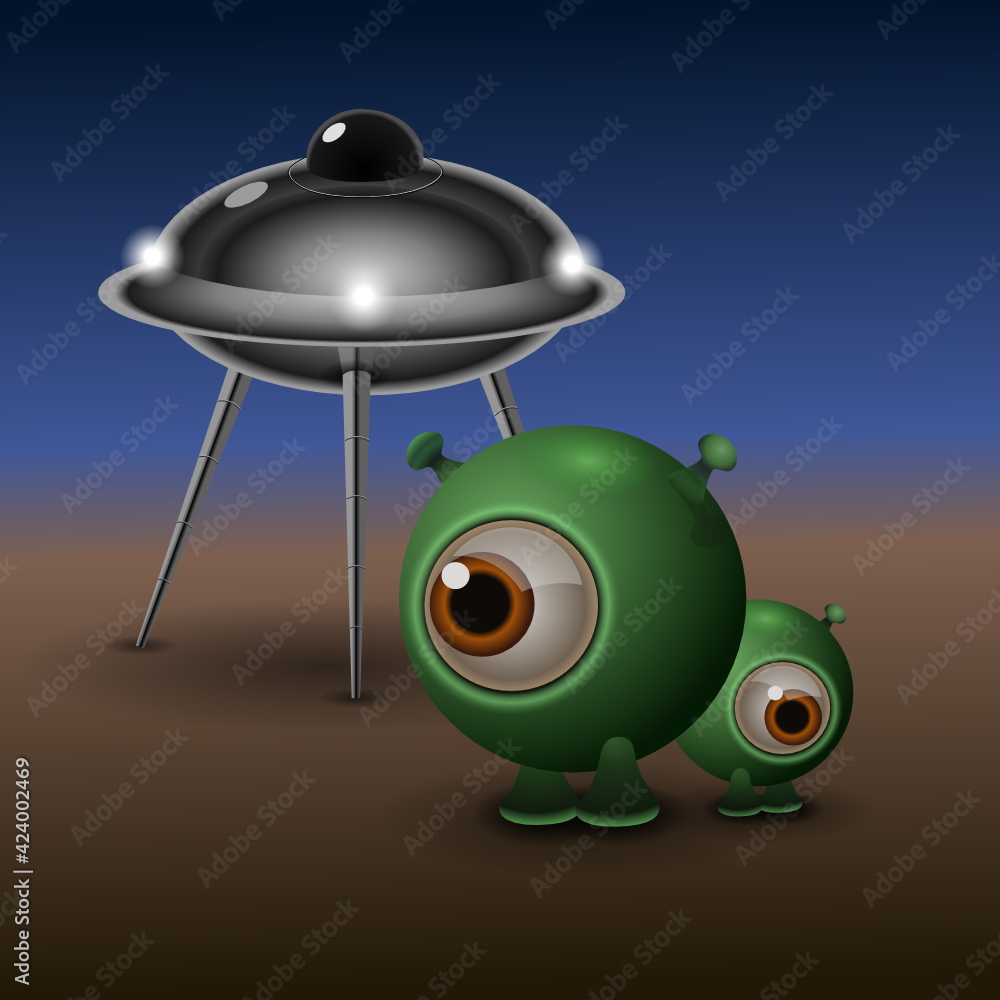 Two spherical cyclops aliens with their flying saucer. Vector ...