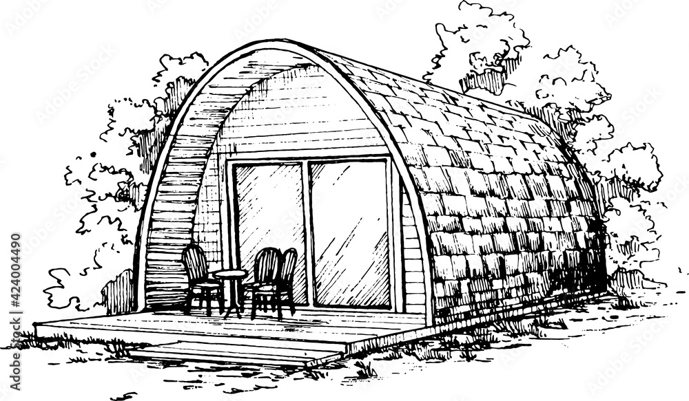 pod house monochromatic sketch. self-contained micro cottage design ...