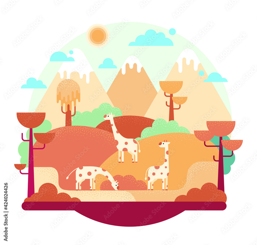 Vector cartoon illustration in flat cartoon stile, three giraffes in ...