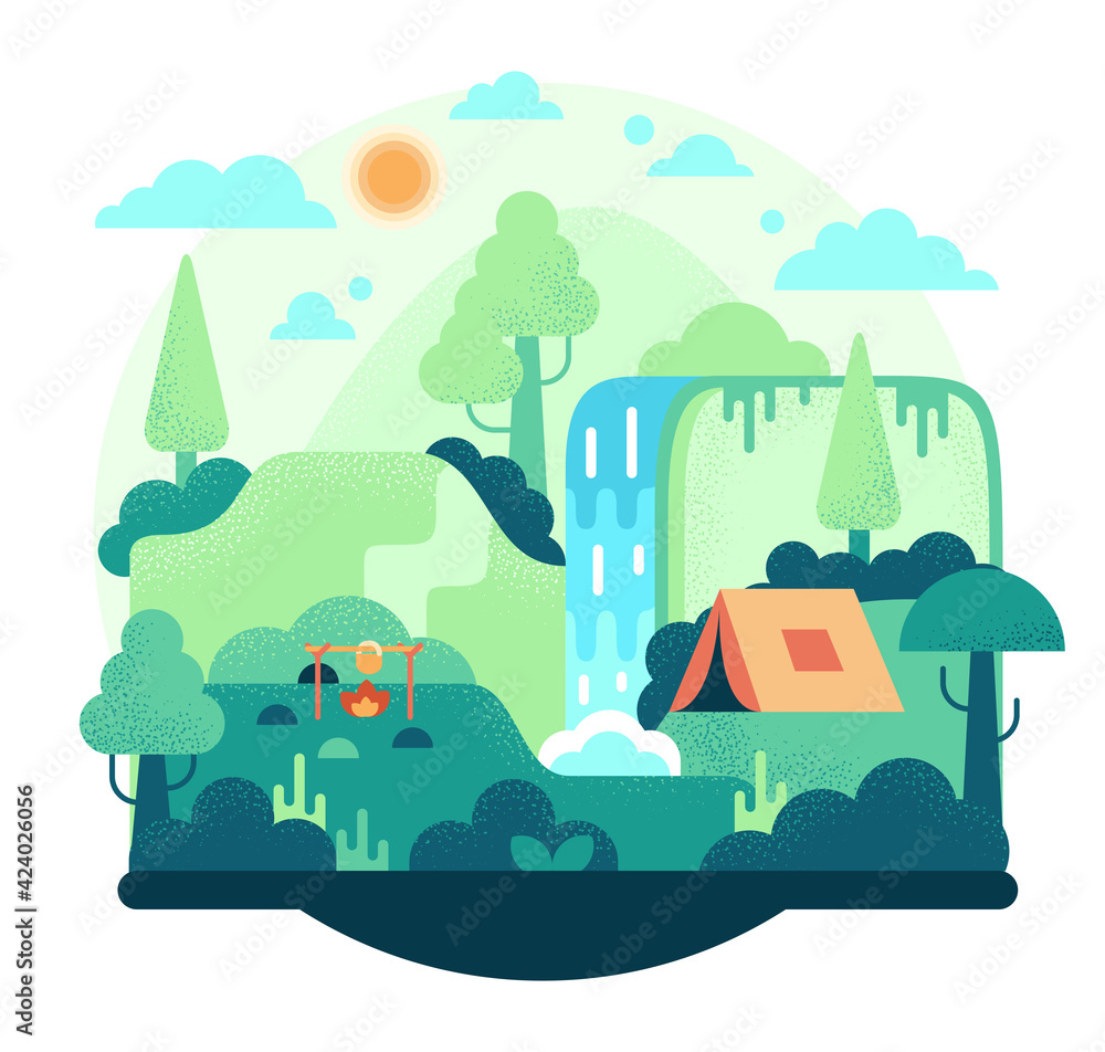Cartoon illustration in flat style with trees, hills, waterfall and ...