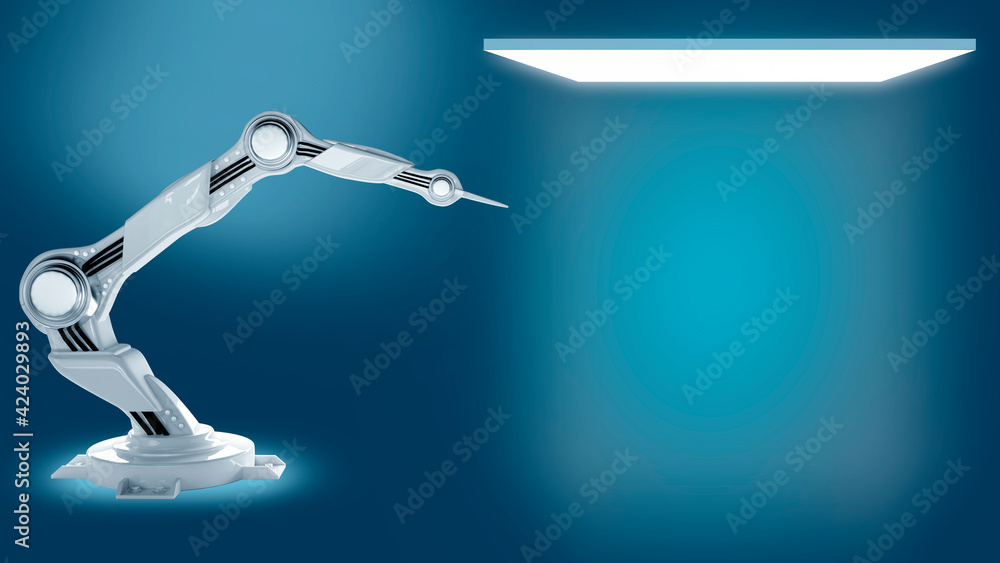 Robotic robot arm, industrial machine with laser beam. Futuristic light ...