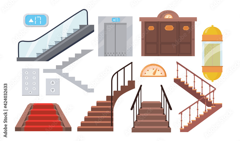 Set of cartoon metal and wood staircases, lifts, escalators. Flat ...