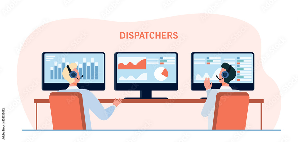 Two dispatchers watching graphs on screen. Computer, network, internet ...