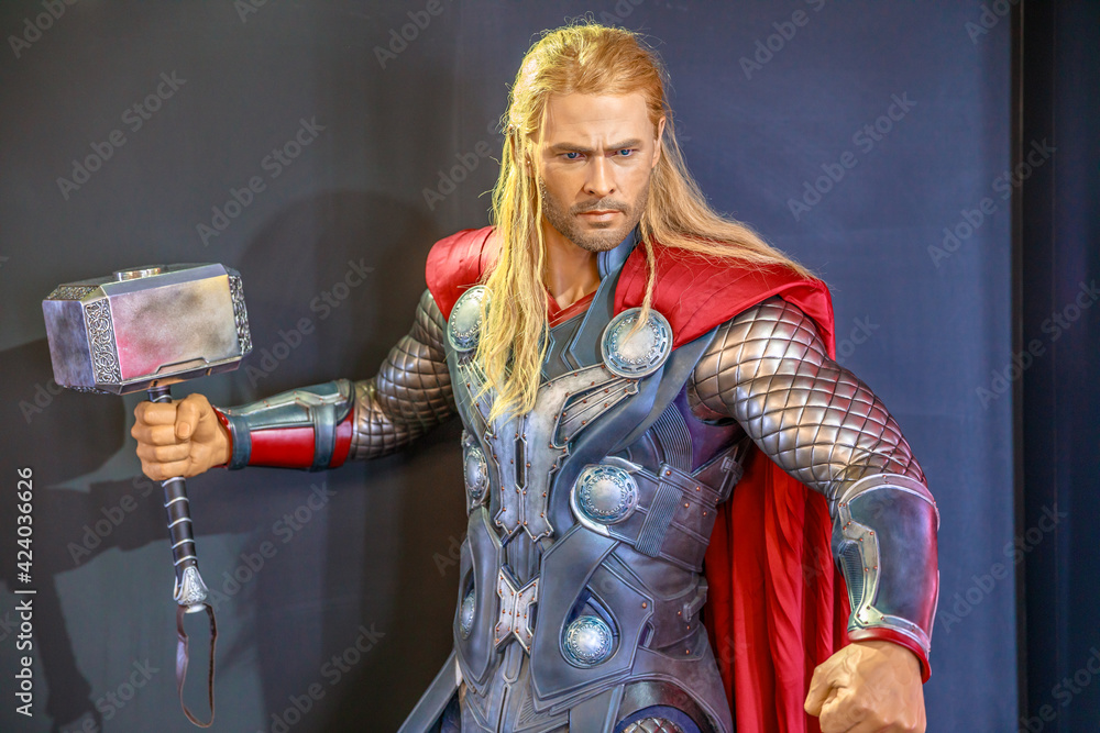Tokyo, Japan - April 20, 2017: portrait of Thor Chris Hemsworth, God of ...
