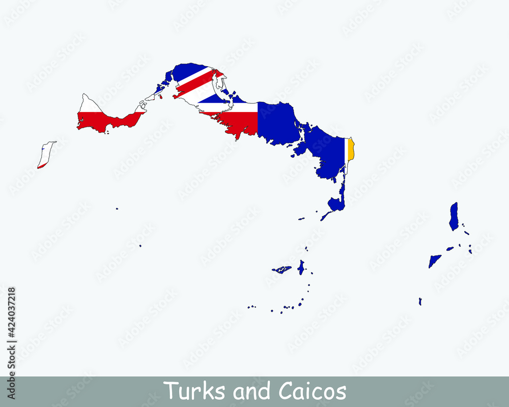 Turks and Caicos Map Flag. Map of TCI with flag isolated on a white ...