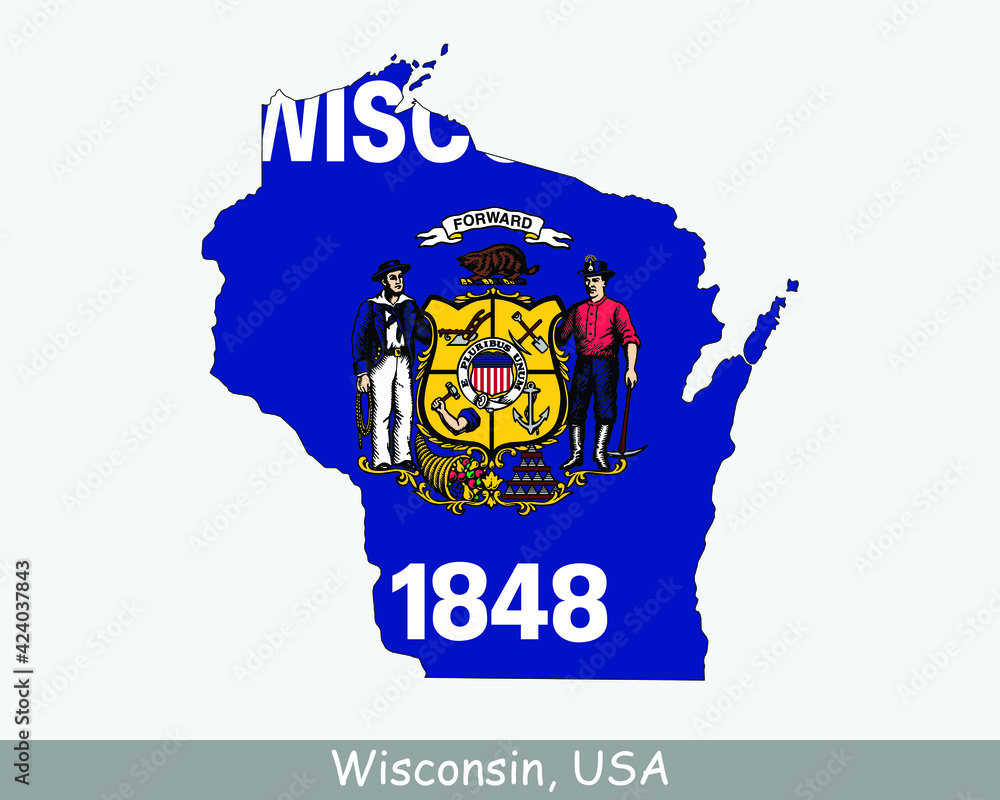Wisconsin Map Flag. Map of WI, USA with the state flag isolated on a ...