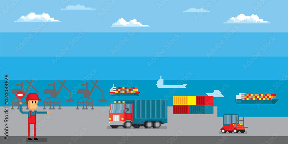 Marine port. Shipping transportation and ocean logistic. Pixel art. Old ...
