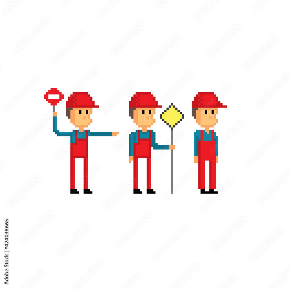 Road worker icon set. Pixel art. Old school computer graphic. 8 bit ...
