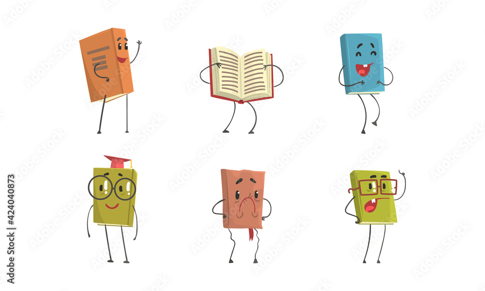 Cute Book Cartoon Characters Set, Humanized Textbooks with Funny Faces ...