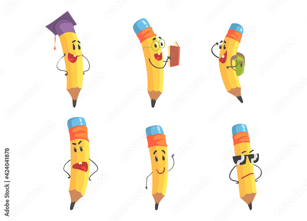 Set of Pencil Characters, Cute Yellow Pencils with Funny Faces Cartoon ...