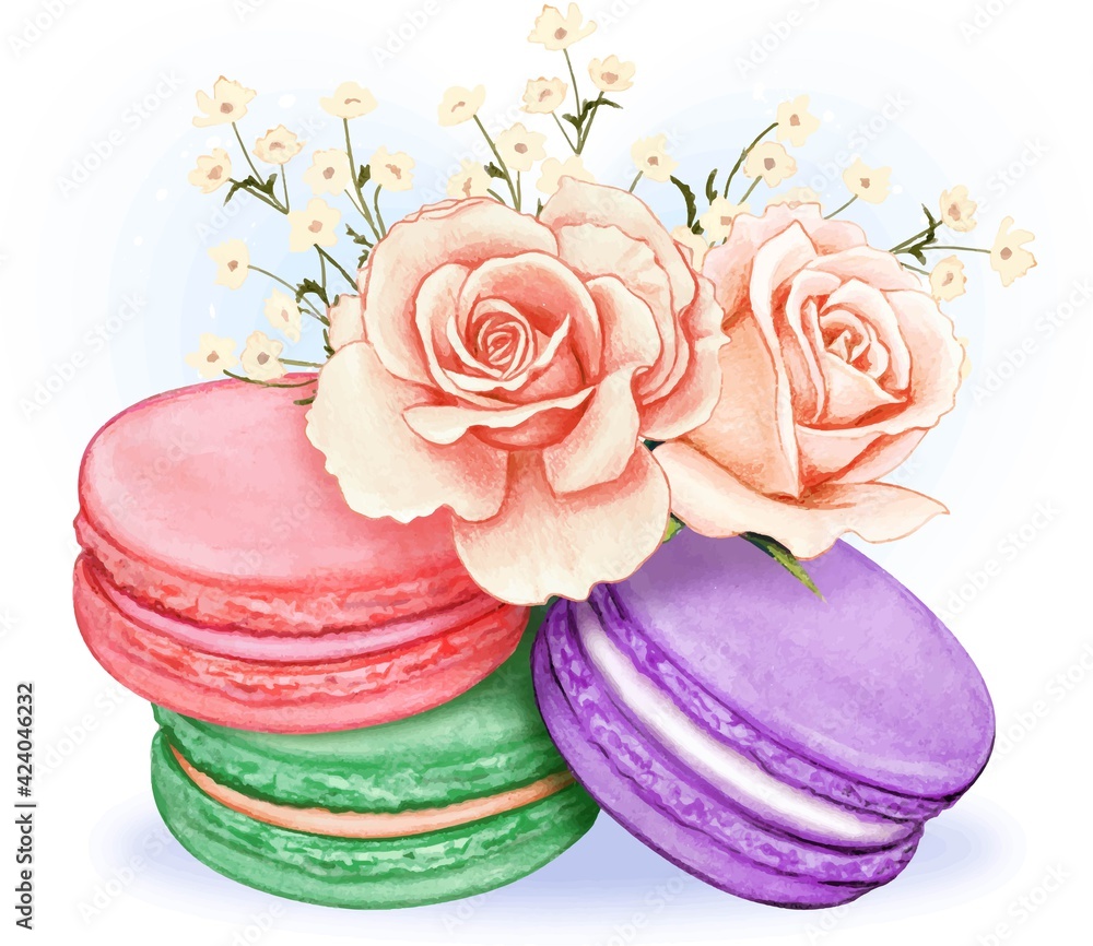 Cute watercolor pastel macarons with pink roses bouquet Stock Vector ...