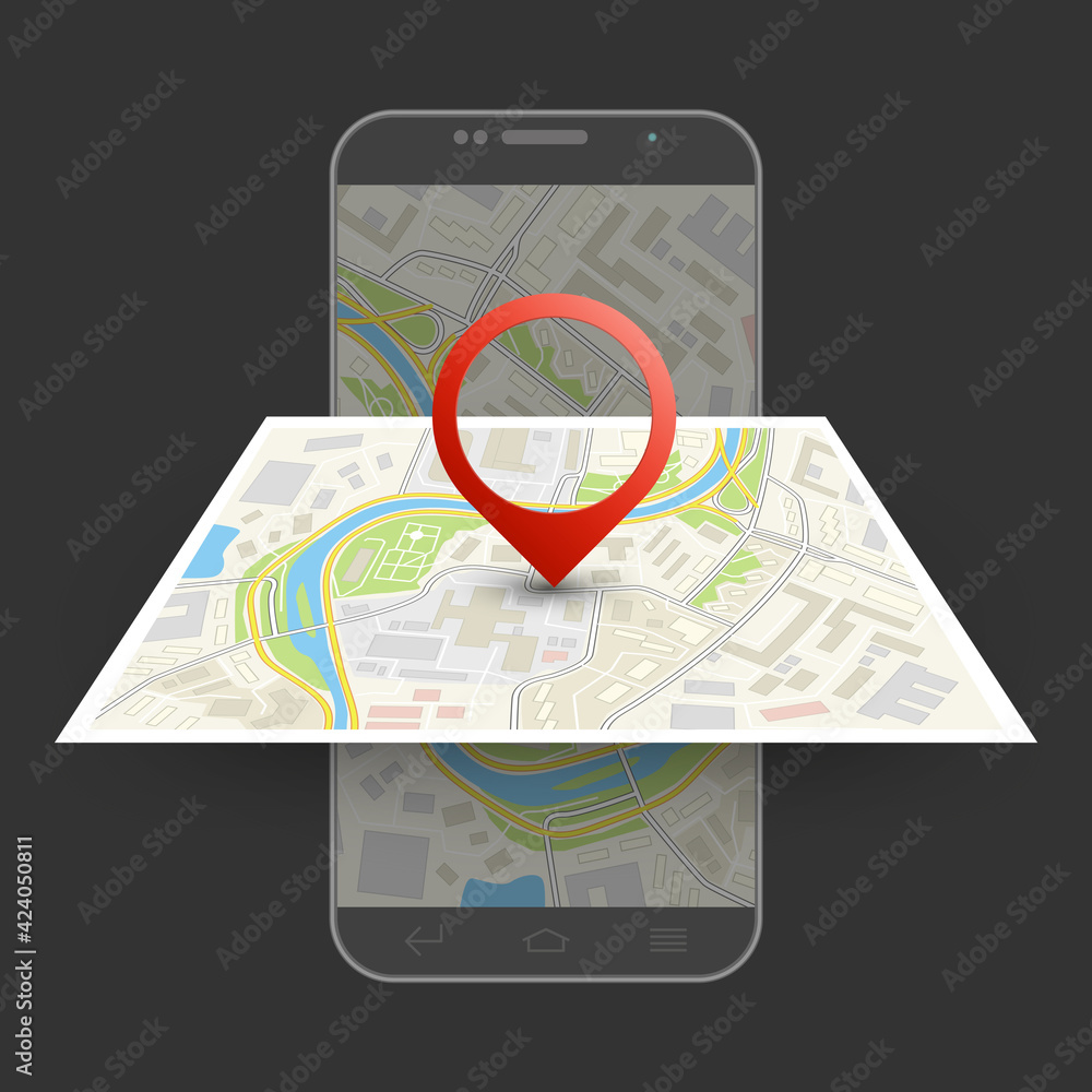 City map itinerary route navigation smartphone, phone point marker ...