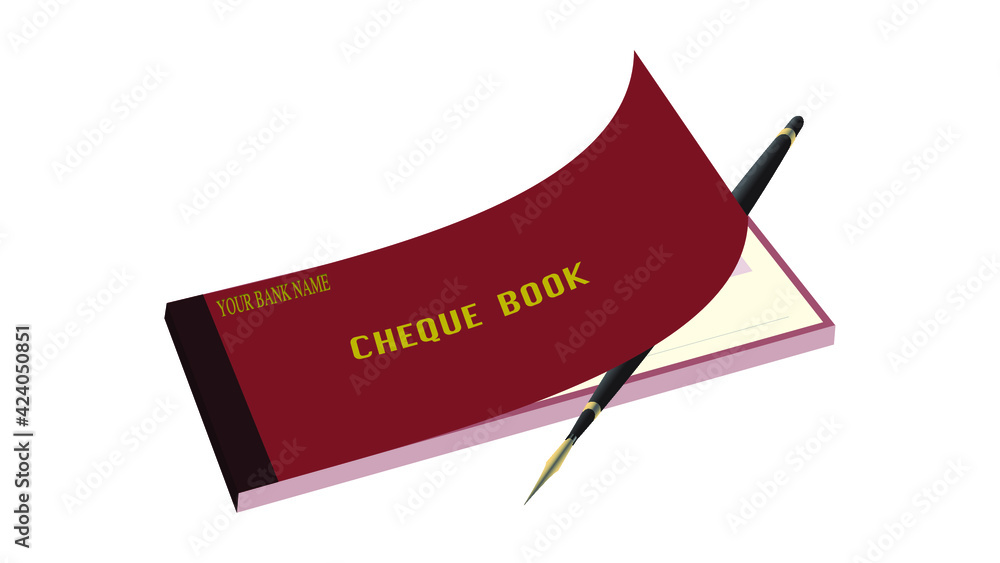 Cheque book in brown color with black fountain pen colors in white ...
