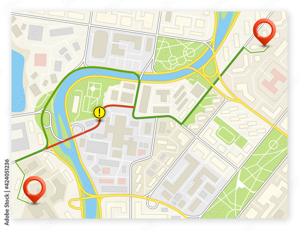 City map navigation route, color point markers design background, flat ...