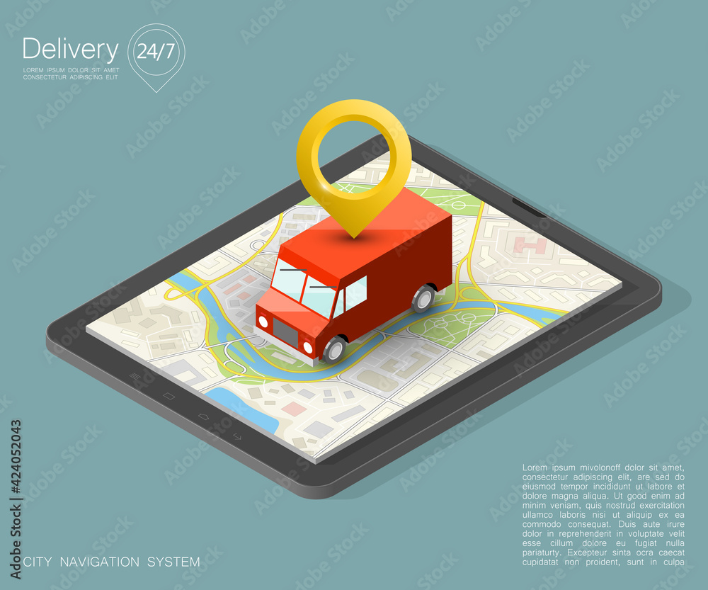 Isometry city map navigation route, phone point delivery van, isometric ...