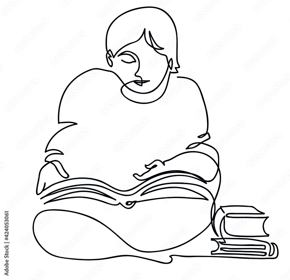 One line drawing of boy reading open book sitting on floor. One ...