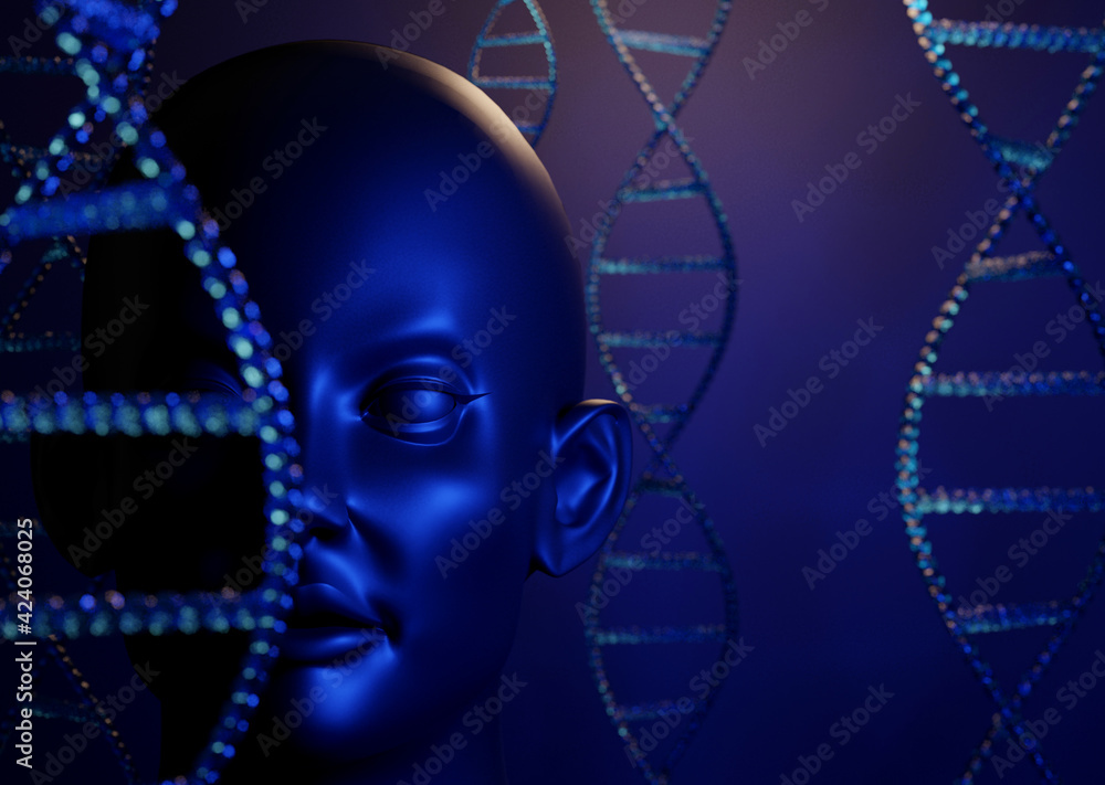 3d illustration rendering, ai robot bionic dna head face with data ...