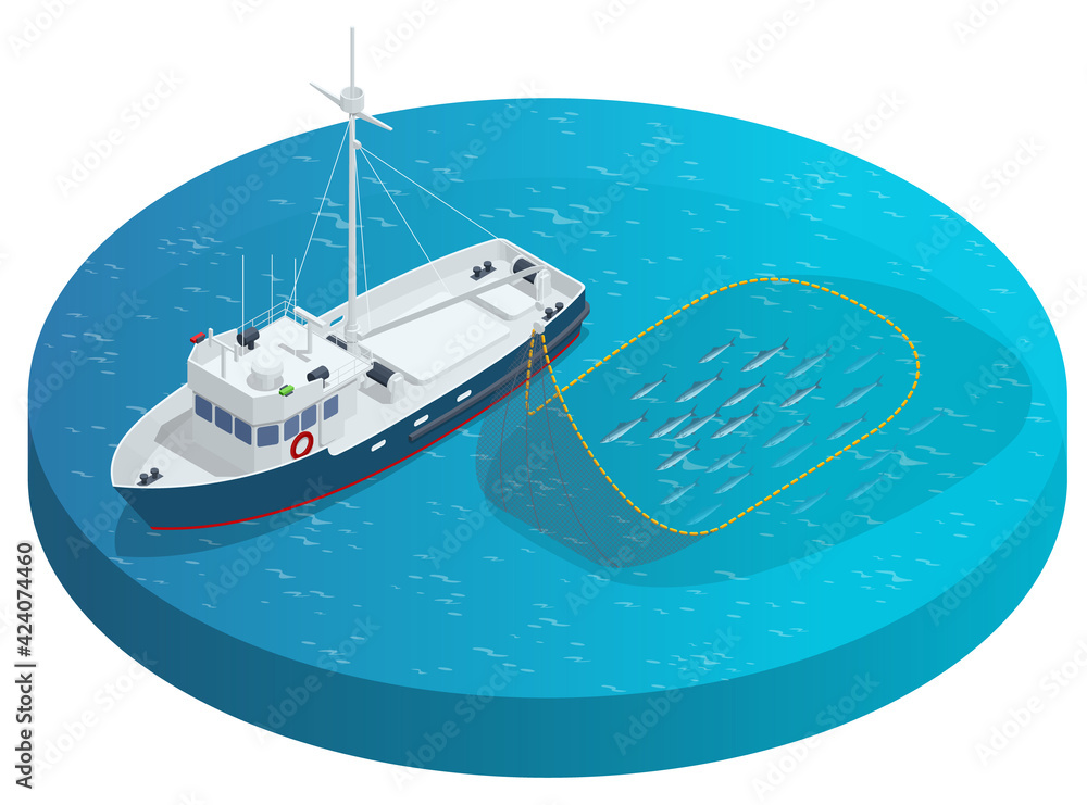 Isometric shipping seafood industry boat isolated on white background ...