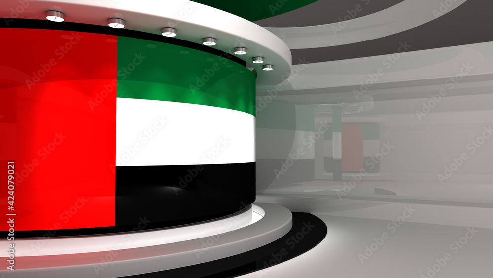 TV studio. Dubai flag studio. Dubai flag background. News studio. The ...