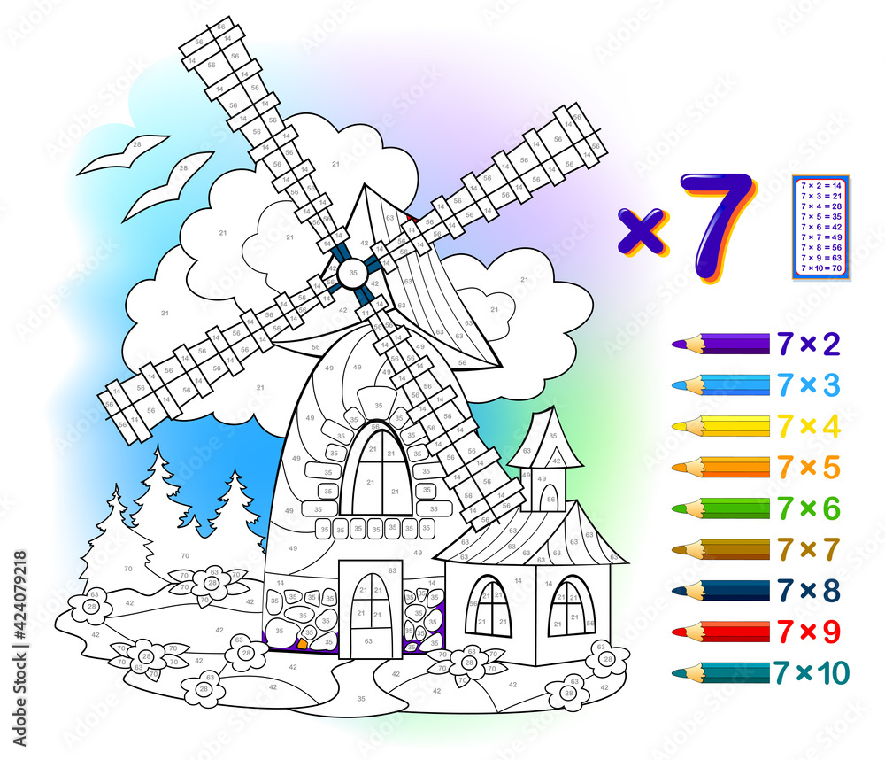 Multiplication table by 7 for kids. Math education. Coloring book ...