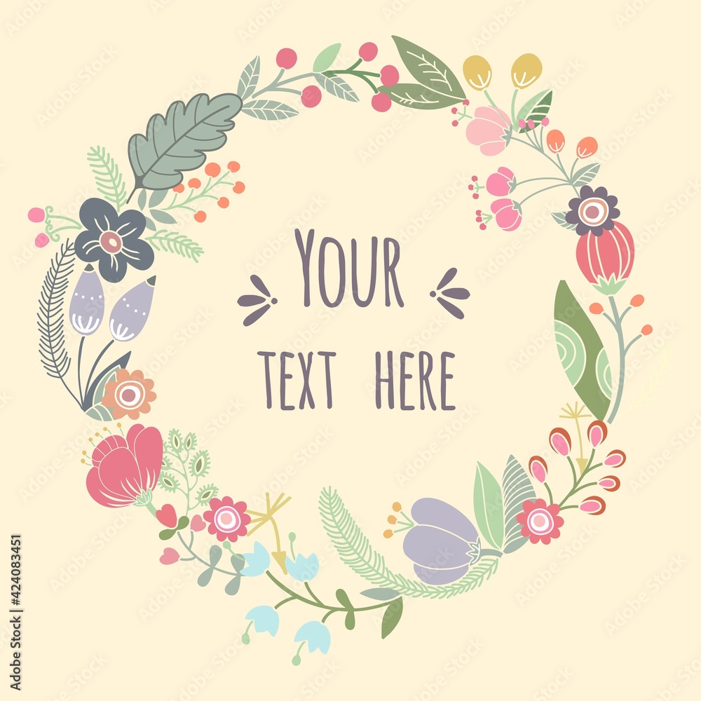 Vecteur Stock Beautiful greeting card with floral wreath. Bright ...
