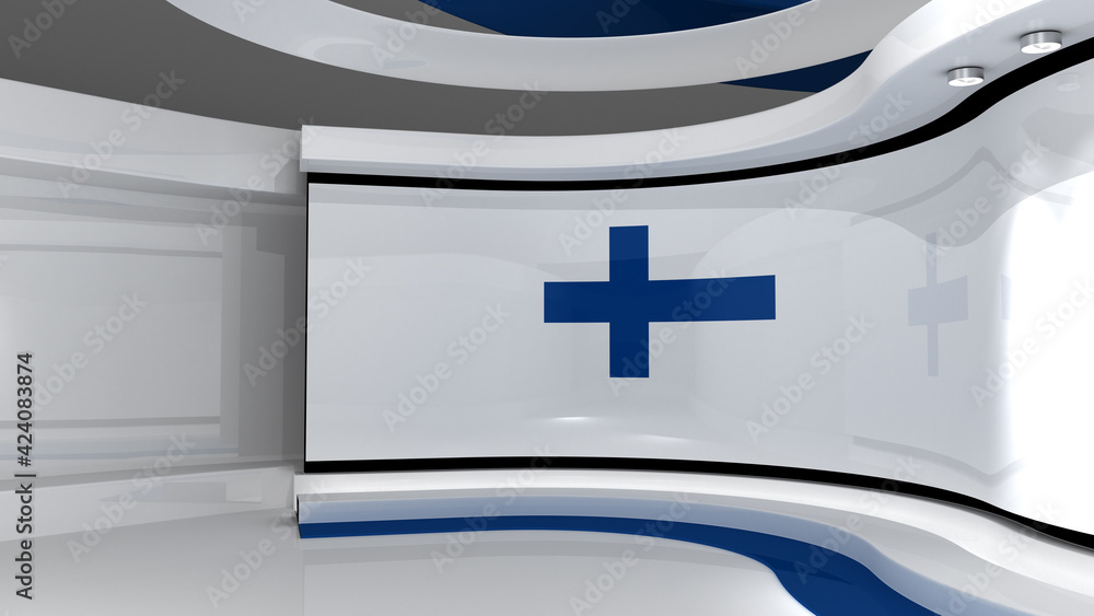 TV studio. Finnish flag studio. Finnish flag background. News studio ...