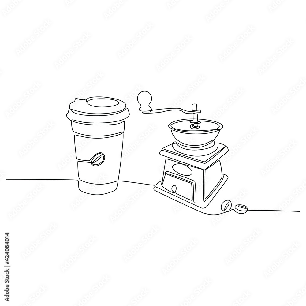 Continuous line drawing of coffee brewing tool and bottle of coffee ...