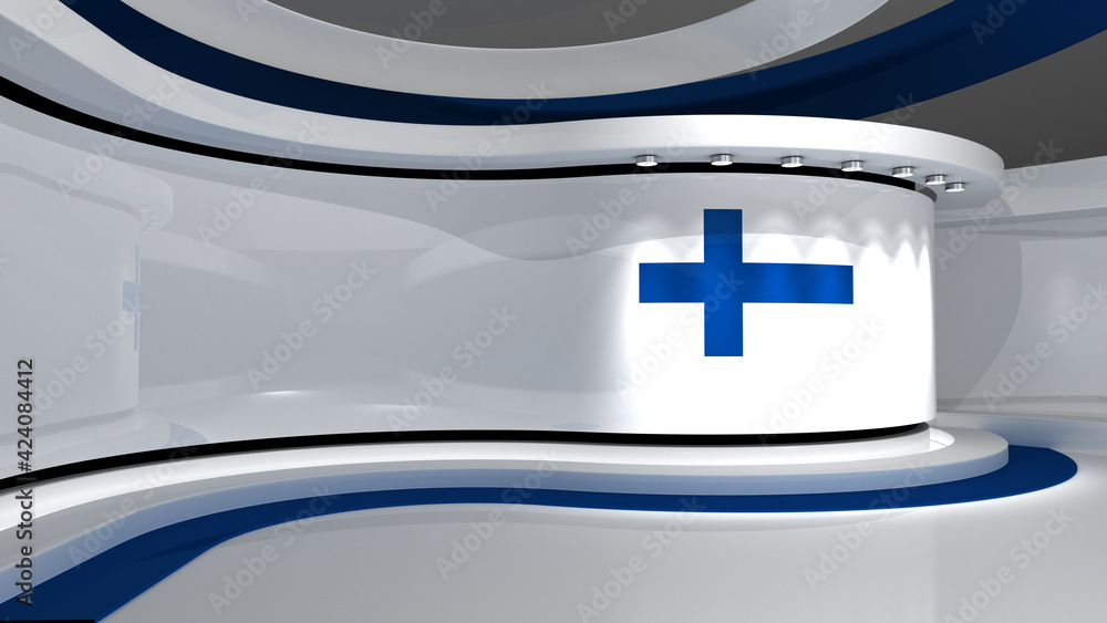 TV studio. Finnish flag studio. Finnish flag background. News studio ...