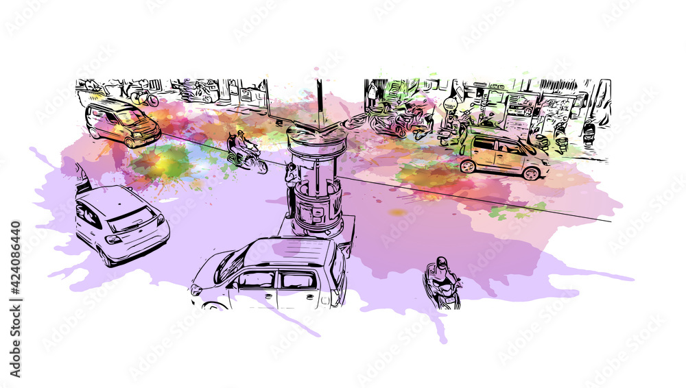 Building view with landmark of Dimapur is a city in India. Watercolour ...