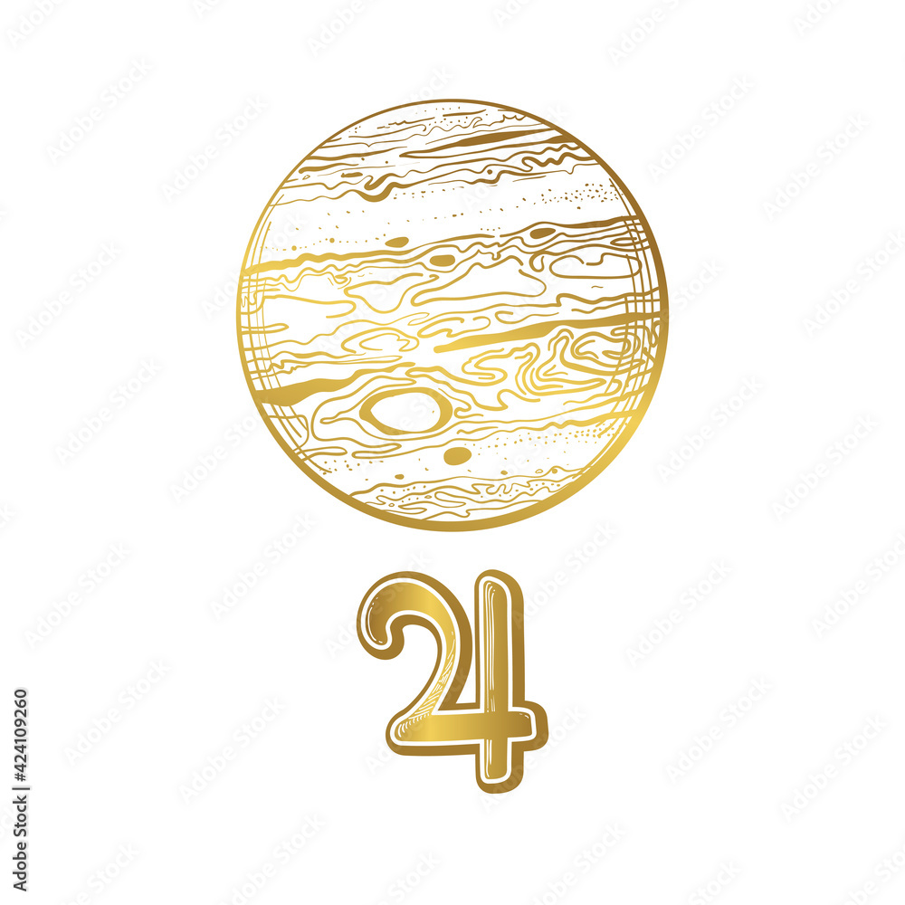Planet Jupiter, golden linear hand drawing. Vintage boho symbol for ...