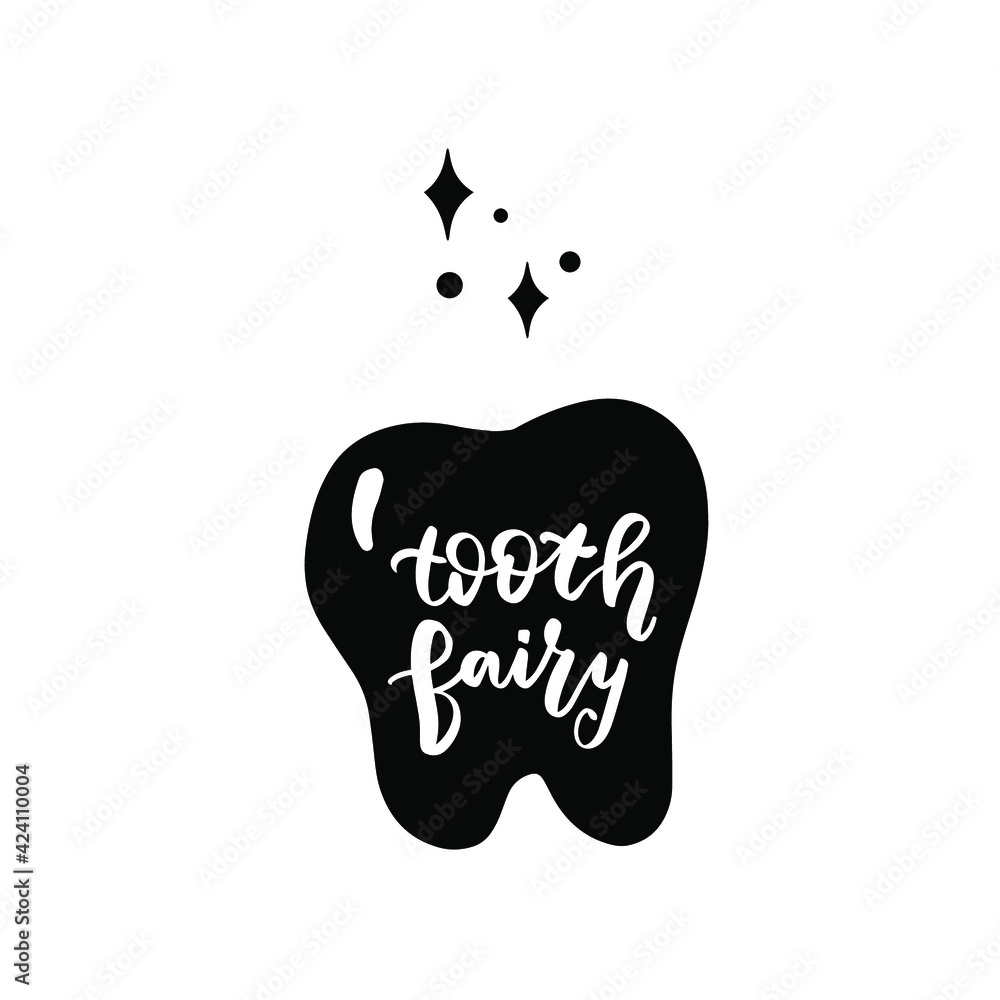 Tooth fairy quote in tiny tooth silhouette. Hand lettering brush ...