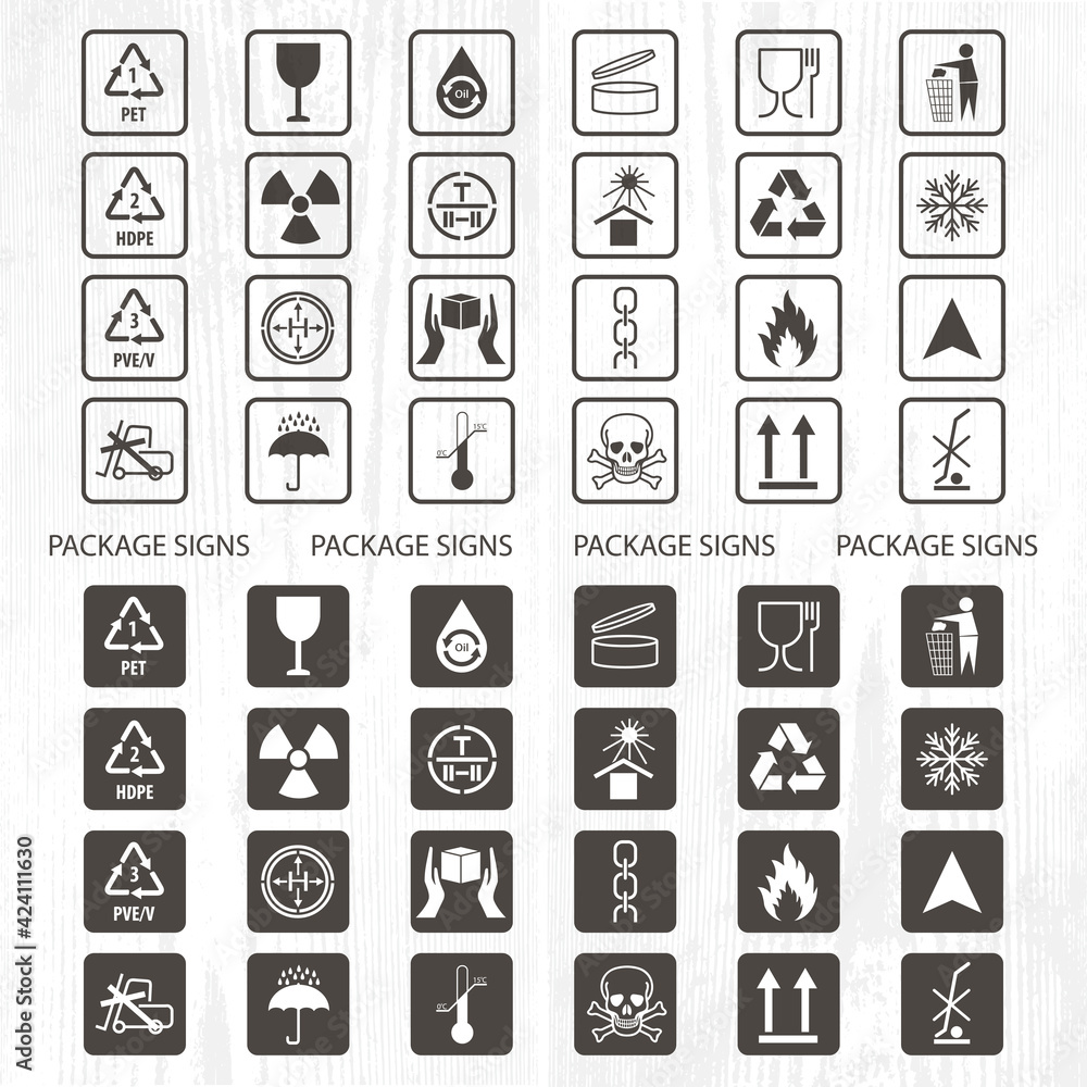 Vector packaging symbols on wood background. Shipping icon set ...