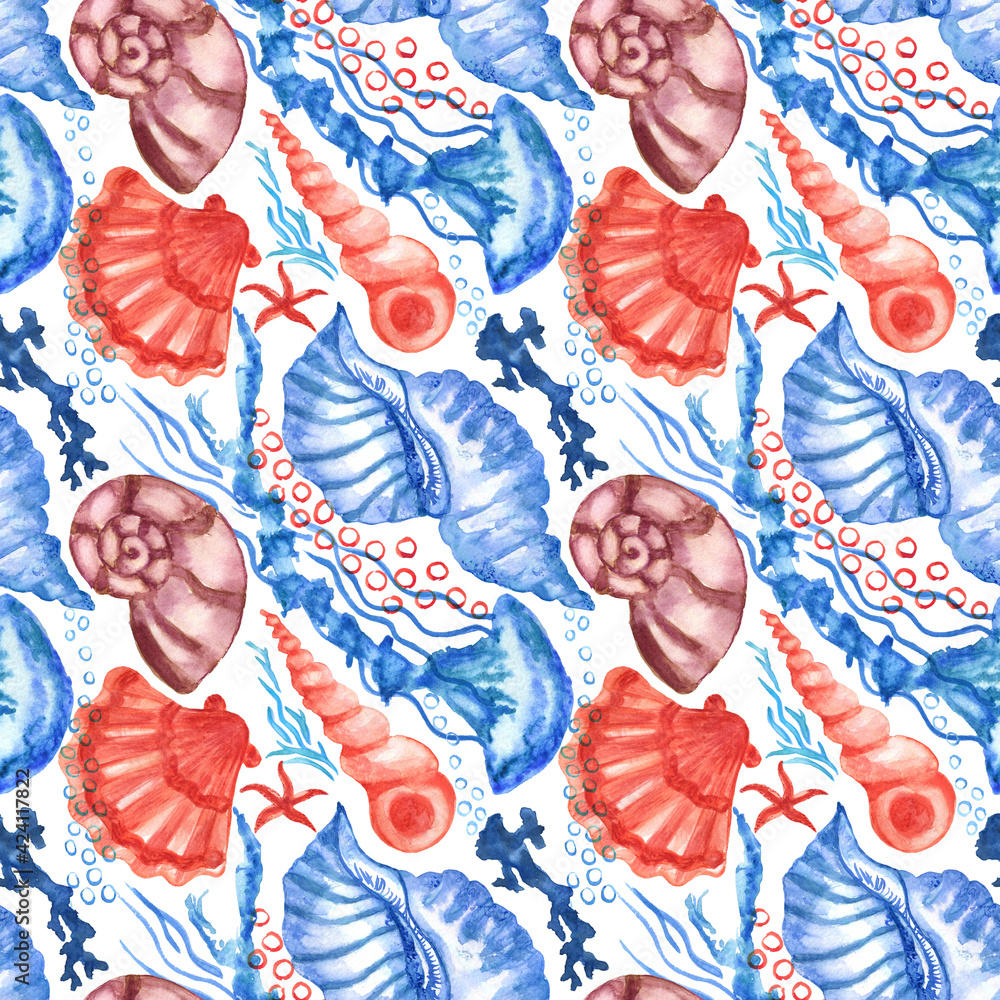 Watercolored seashells and starfishes seamless pattern. Illustration of ...
