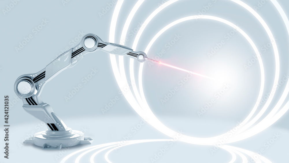 Robotic robot arm, industrial machine with laser beam. Futuristic light ...