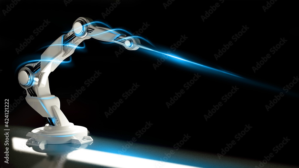 Robotic robot arm, industrial machine with laser beam, neon light ...