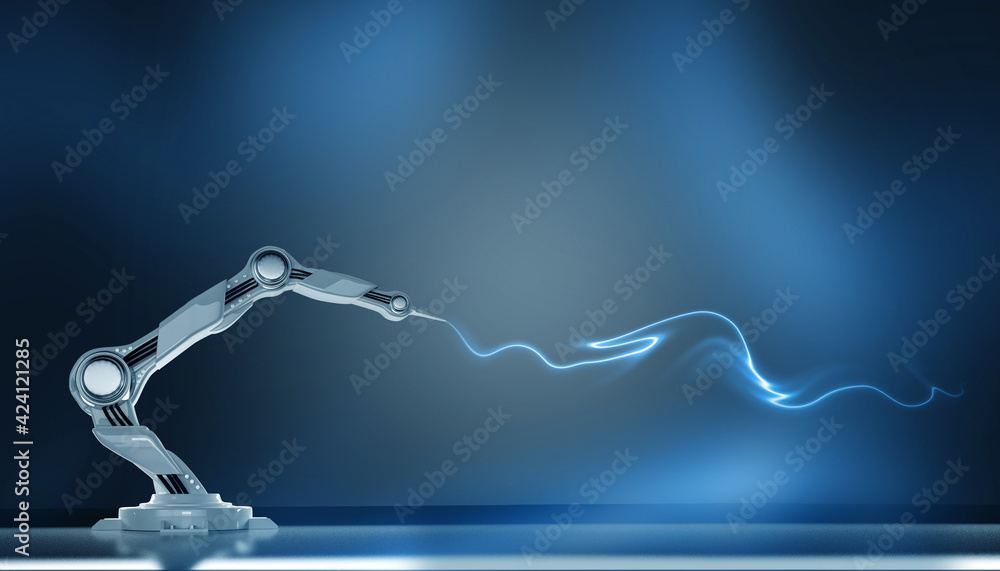Robotic robot arm, industrial machine with laser beam, neon light ...