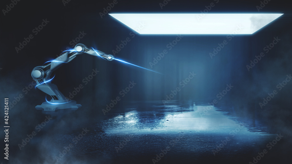 Robotic robot arm, industrial machine with laser beam, neon light ...