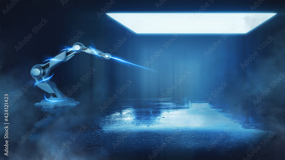 Robotic robot arm, industrial machine with laser beam, neon light ...