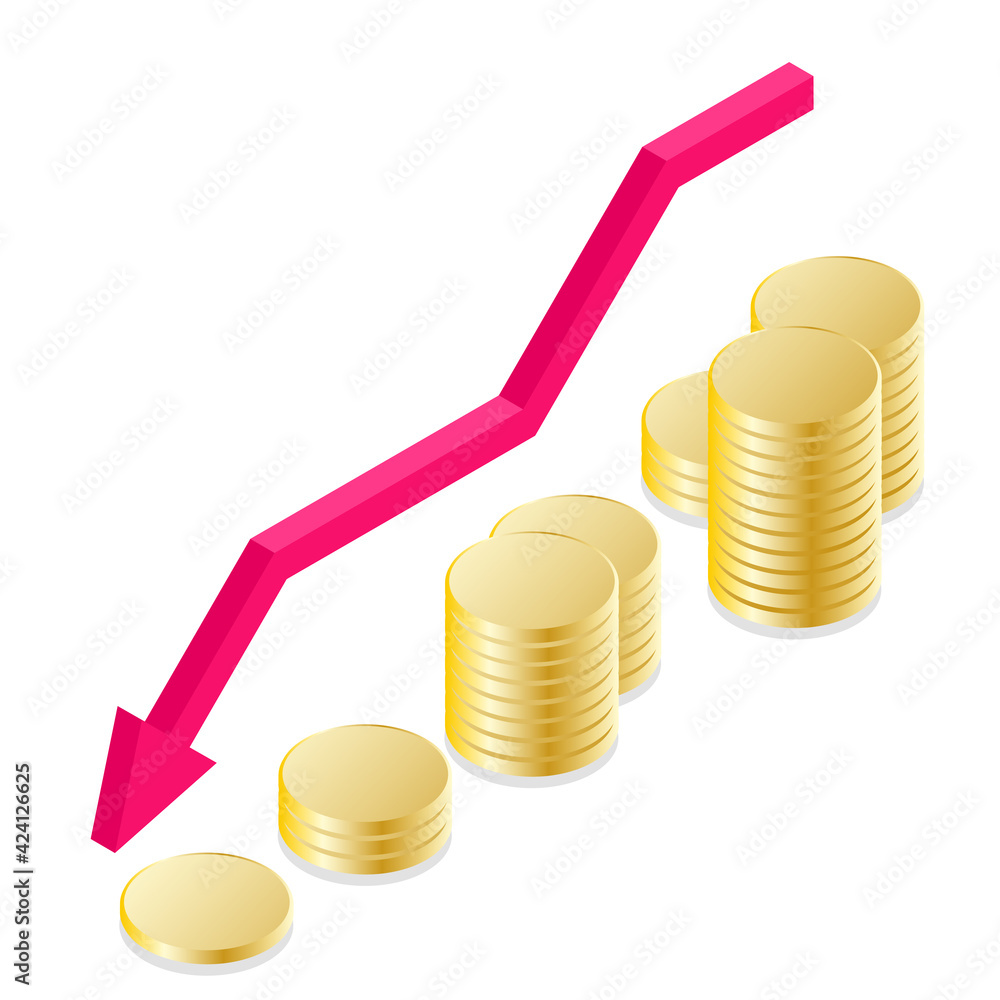 Realistic 3D coins and downward graph. the concept of losing money ...