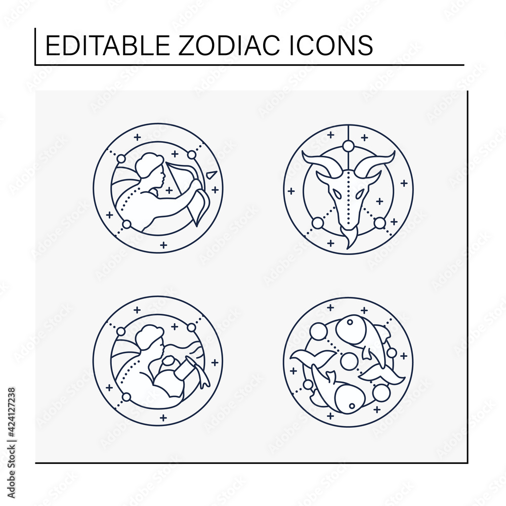 Zodiac line icons set. Fourth fire signs in zodiac.Birth symbols ...
