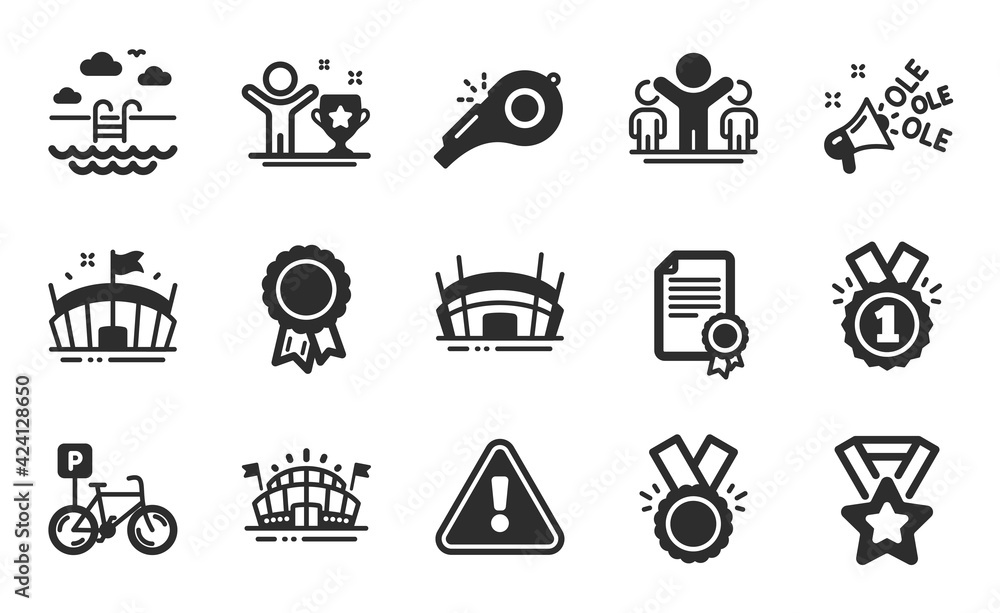 Certificate, Winner cup and Approved icons simple set. Sports arena ...